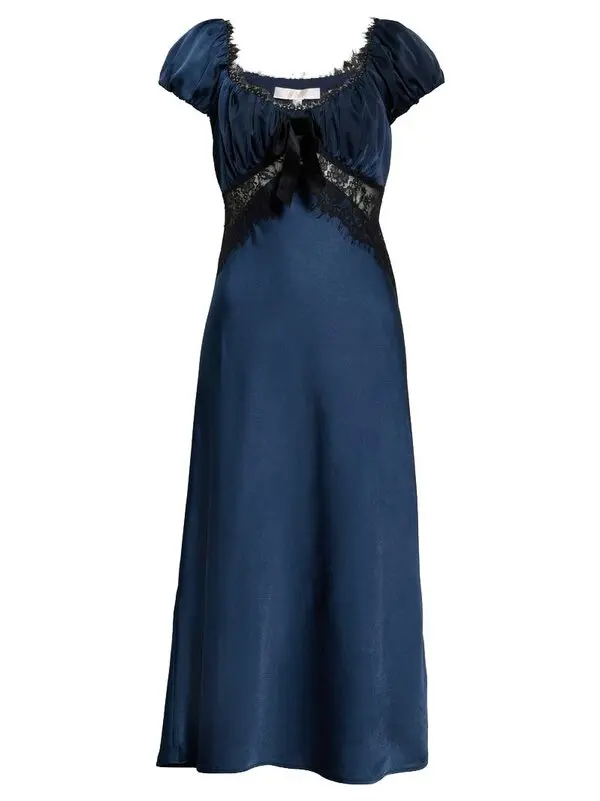 WAYF Mira Lace Trim Puff Sleeve Dress - Navy