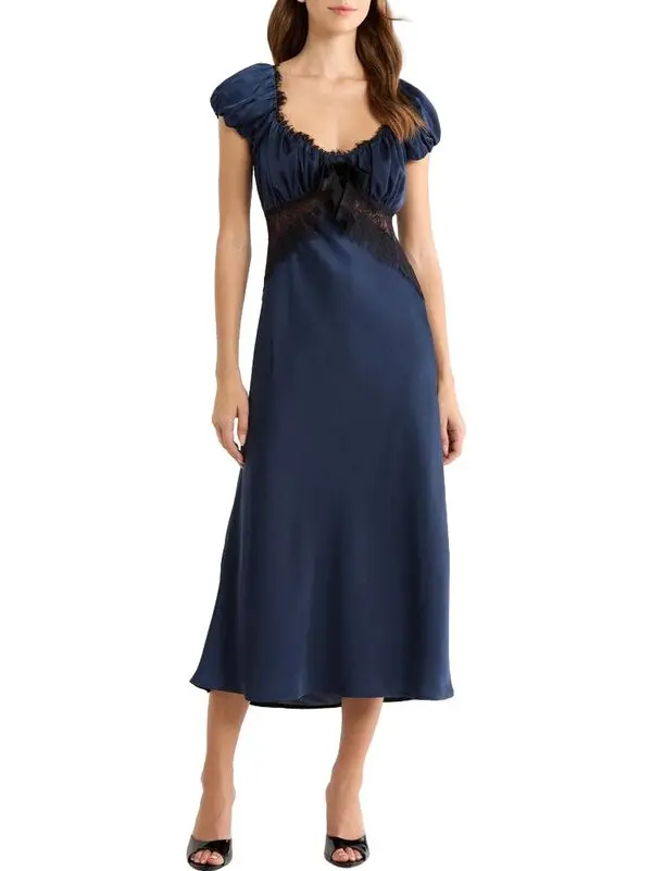WAYF Mira Lace Trim Puff Sleeve Dress - Navy