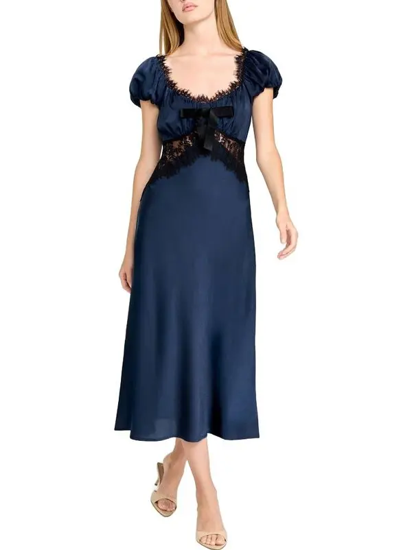 WAYF Mira Lace Trim Puff Sleeve Dress - Navy