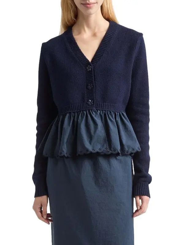 Cecilie Bahnsen Peplum Recycled Cashmere Blend Cardigan - Navy