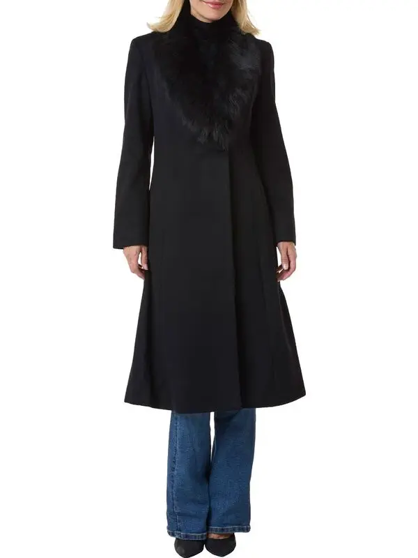 Sofia Cashmere Genuine Shearling Collar Wool & Cashmere Princess Coat - Black