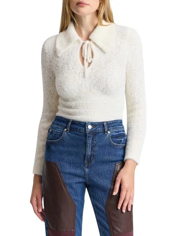 Avec Les Filles Mixed Pointelle Sweater With Fuzzy Collar - Ivory