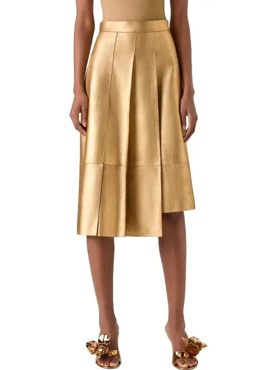 Akris Pleated Metallic Leather Midi Skirt - Gold