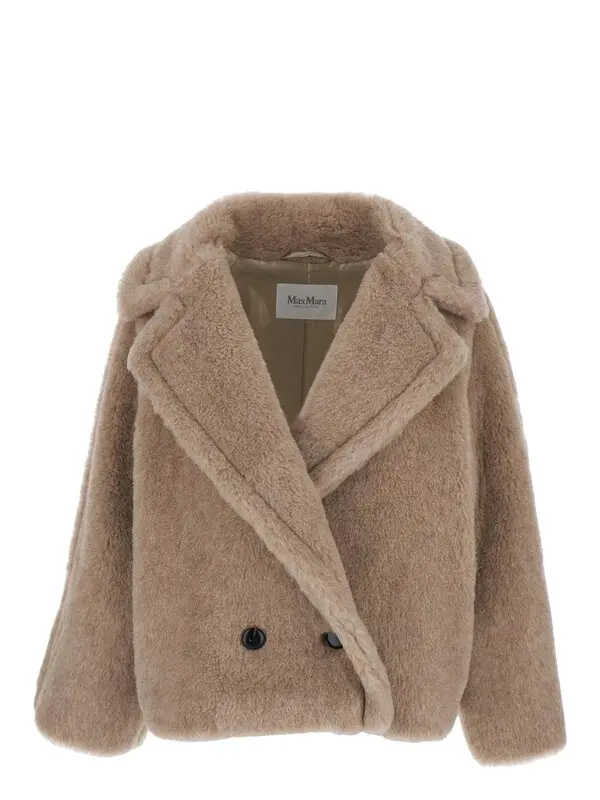 Max Mara Cambusa' Beige Jacket Double-breasted With Notched Revers Wide In Fur - Multicolor