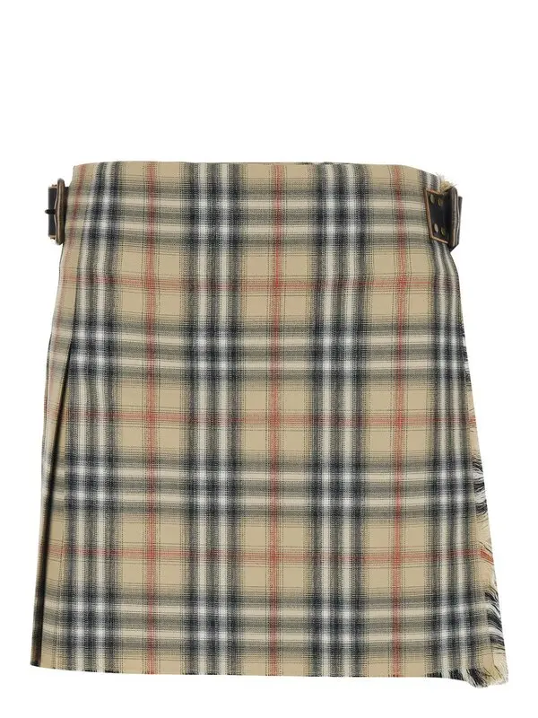 Burberry Beige Skirt With Adjustable Belt And All-over Check Motif In Wool For - Multicolor