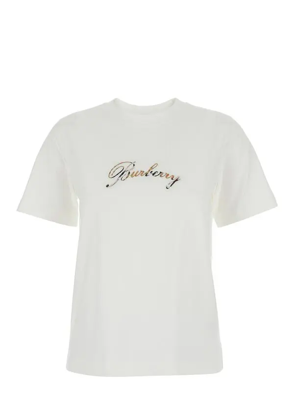 Burberry White Crew Neck T-shirt With Logo Lettering On The Front In Cotton For - Multicolor