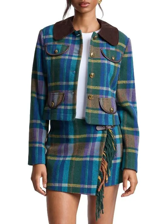Avec Les Filles Plaid Jacket With Faux Leather Trim - Green Multi