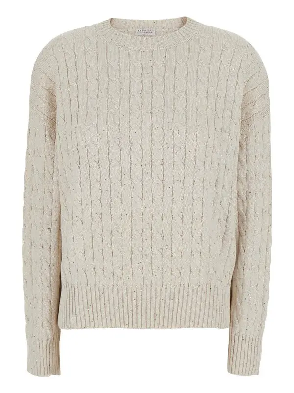 Brunello Cucinelli White Sweater With Cable Knit And Ribbed Finishes In Cotton Blend For - Multicolor