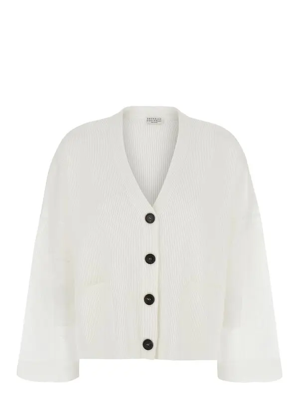 Brunello Cucinelli White Cardigan With V-neck And Ribbed Knit In Cotton For - Multicolor