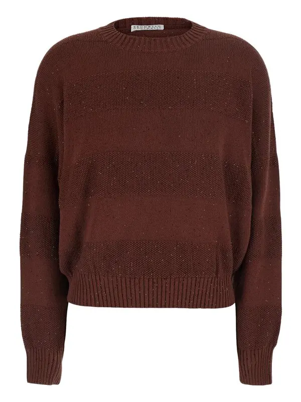 Brunello Cucinelli Brown Crewneck Sweater With Net Knit In Cotton Blend For - Multicolor