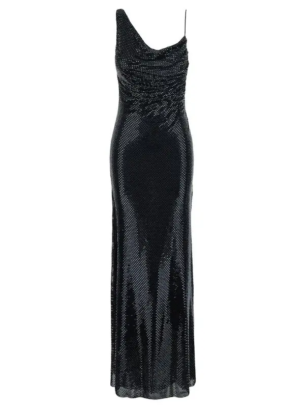 SELF-PORTRAIT Black Long Dress With Draping And Rhinestones In Tech Fabric - Multicolor
