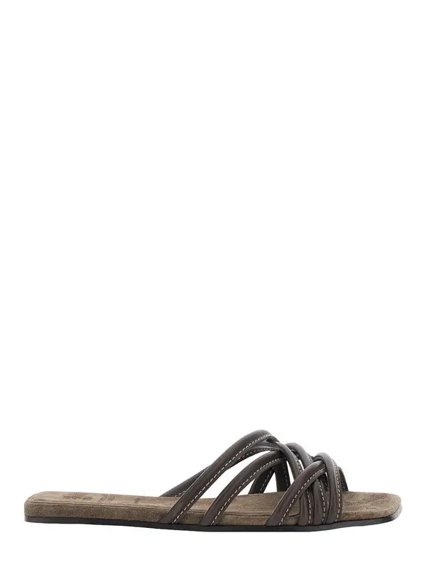 Brunello Cucinelli Brown Flat Sandals With Square Toe And Contrast Stitching In Suede For - Multicolor