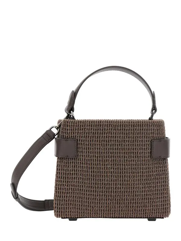 Brunello Cucinelli Essence' Brown Crossbody Bag With All-over Net Design In Leather For - Multicolor