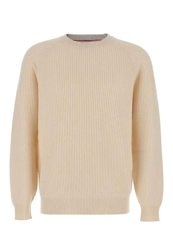 Brunello Cucinelli White Crew Neck Sweater With Ribbed Design In Cashmere For - Multicolor
