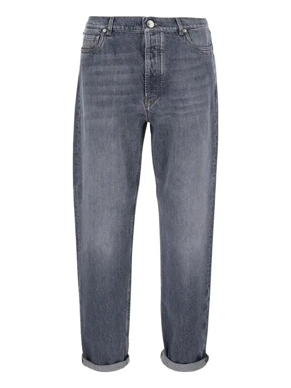 Brunello Cucinelli Grey Jeans With Cuffs And Logo Patch On The Back In Denim For - Multicolor