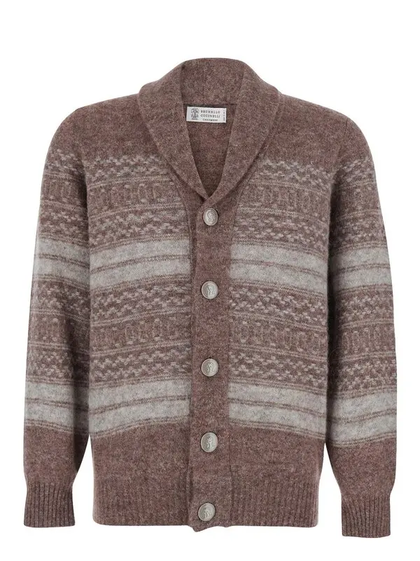 Brunello Cucinelli Brown Cardigan With V-neck And Striped Motif In Wool Blend For - Multicolor