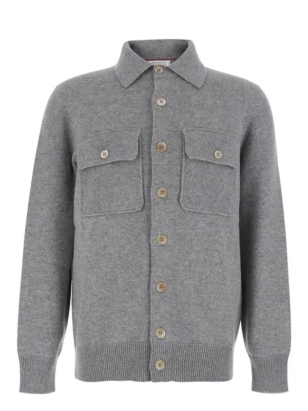 Brunello Cucinelli Grey Cardigan With Classic Collar And Patch Pockets On The Front In Cashmere For - Multicolor