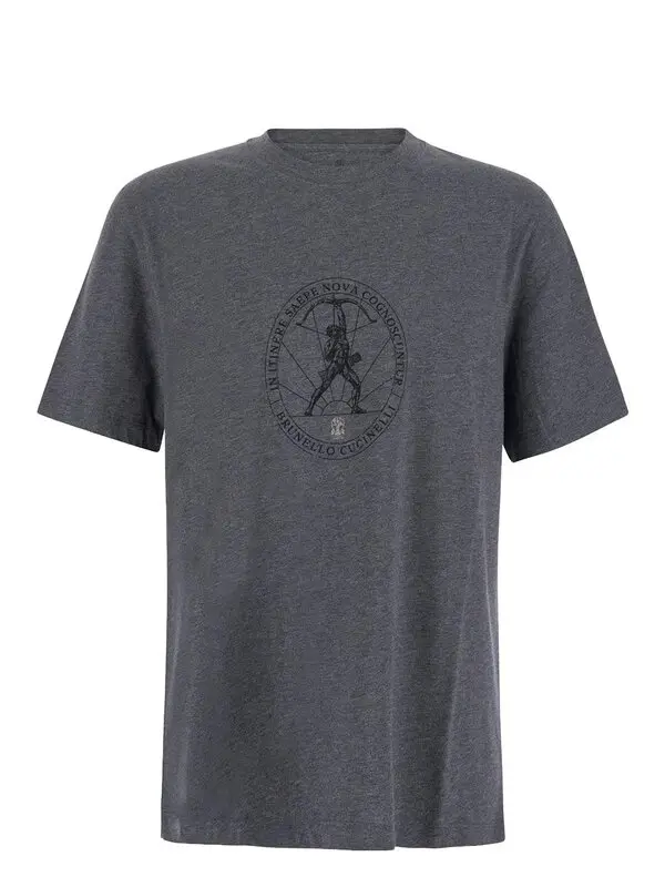 Brunello Cucinelli Grey T-shirt With Printed Logo On The Front In Cotton For - Multicolor