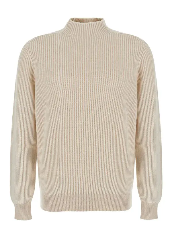 Brunello Cucinelli Beige Sweater With Ribbed Design And High Collar In Cashmere For - Multicolor
