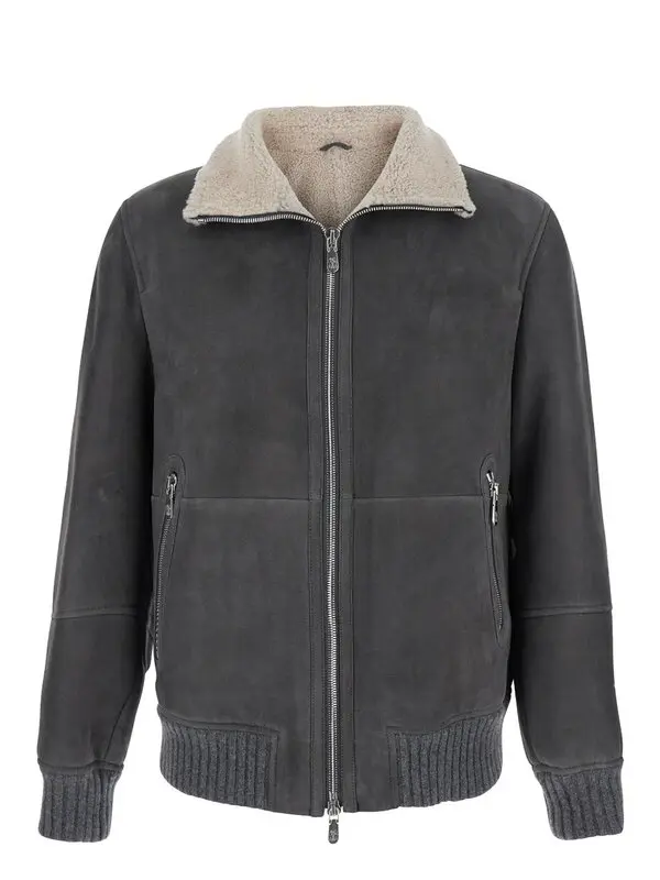 Brunello Cucinelli Gray Jacket With High Collar And Fur Lining In Leather For - Multicolor