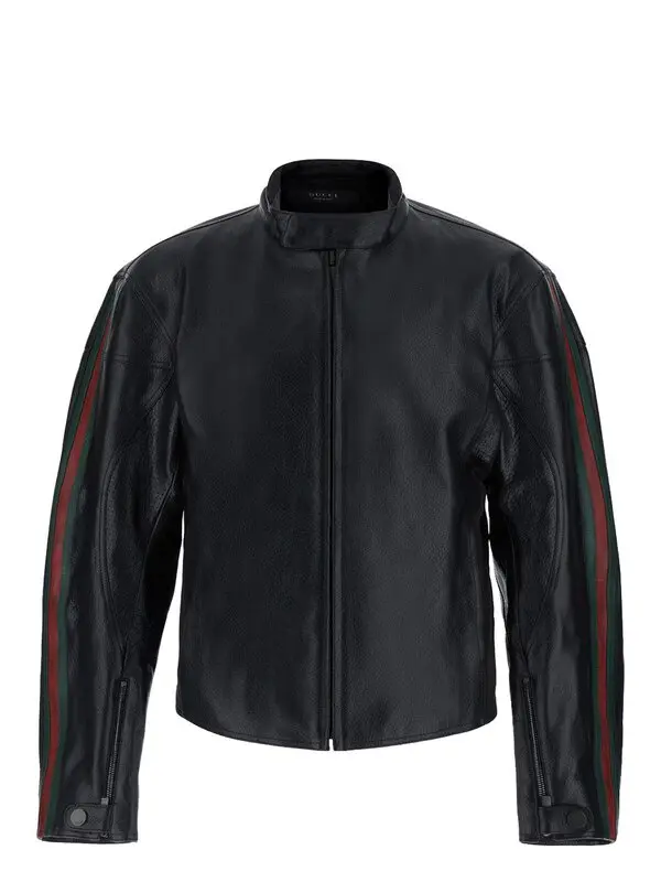 Gucci Black Jacket With High Collar And Web Stripe On The Sleeves In Leather For - Multicolor