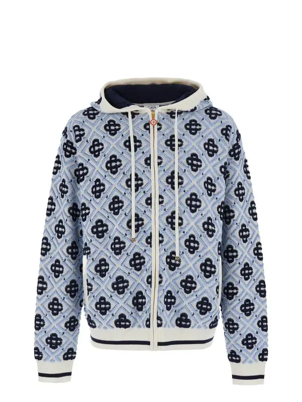 Casablanca Light Blue Hooded Sweatshirt With Drawstring And All-over Logo Motif In Wool - Multicolor
