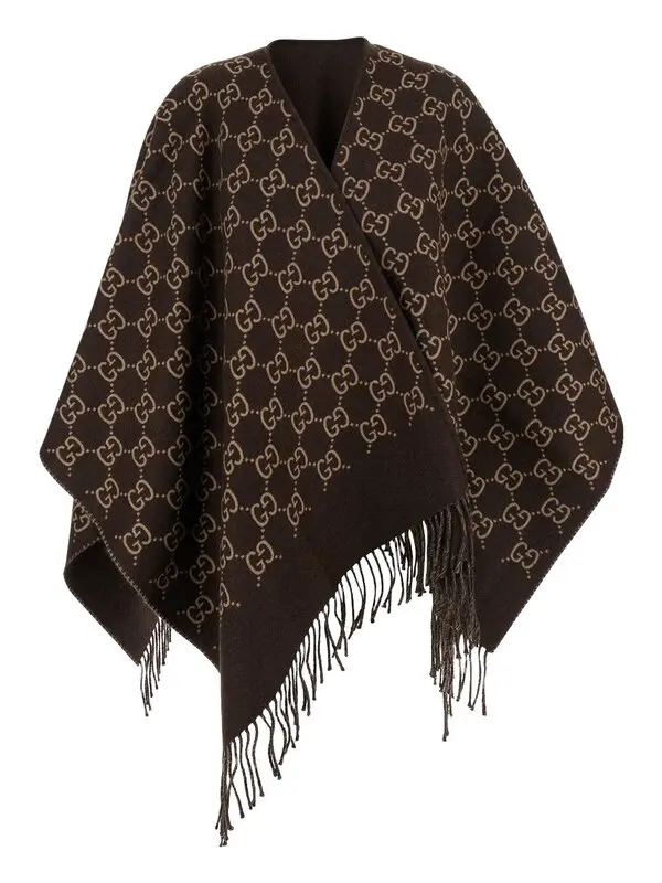 Gucci Cape With Fringes And Gg All-over Motif In Brown Wool For - Multicolor