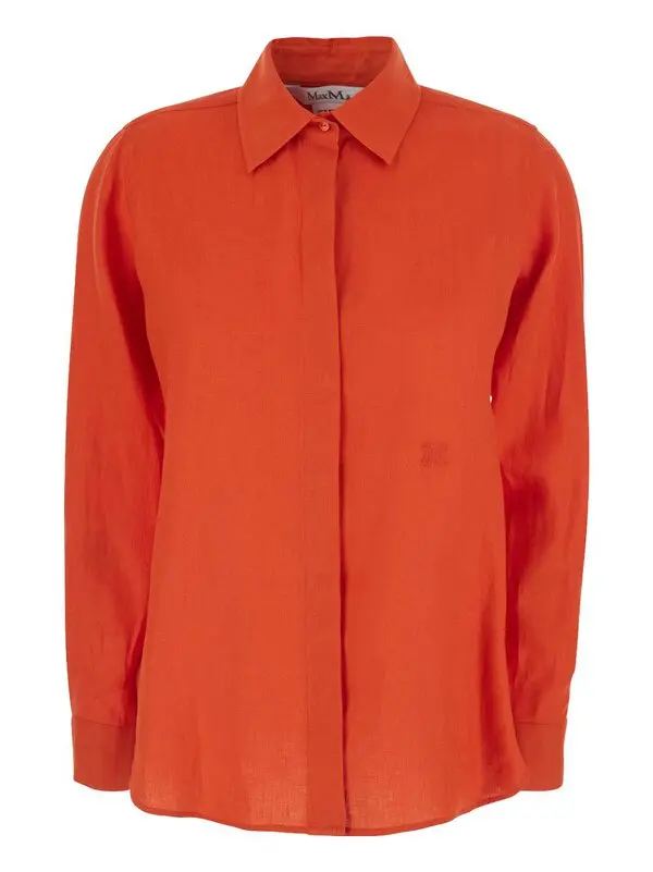 Max Mara Shirt With Classic Collar And Tone-on-tone Logo Embroidery In Linen For - Red
