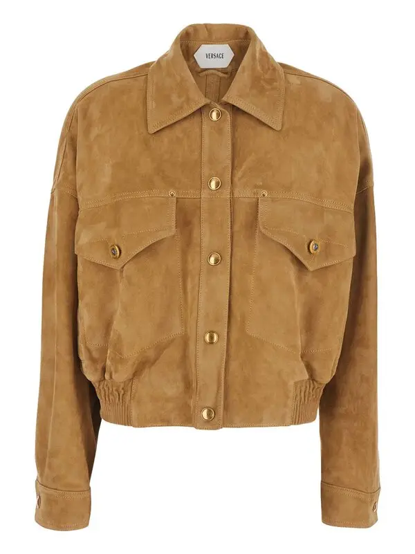 Versace Beige Jacket With Pointed Collar And Logo Jewel Buttons In Suede For - Multicolor