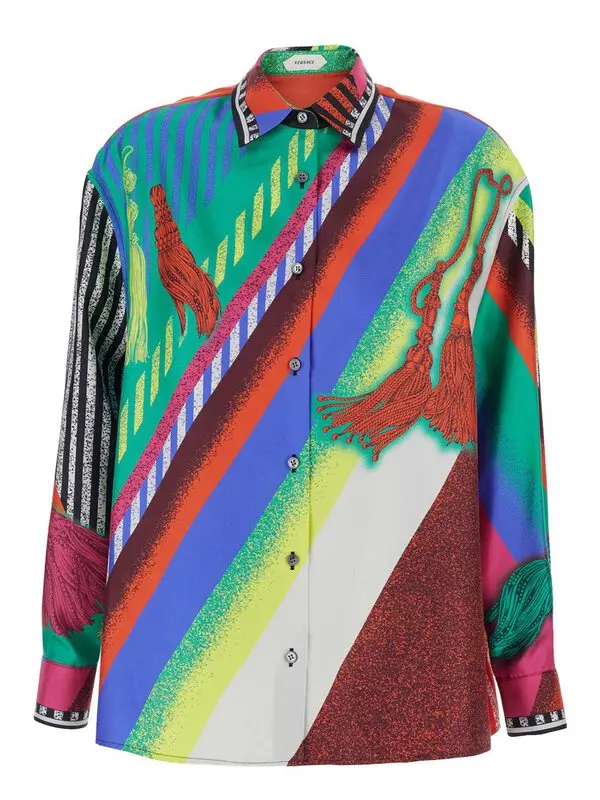 Versace Shirt With Classic Collar And All-over Print In Silk For - Multicolor