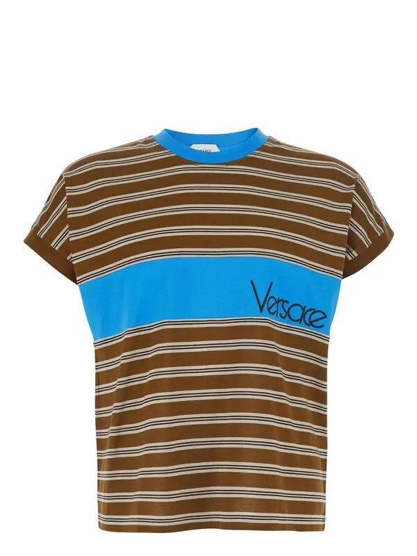 Versace Brown T-shirt With Striped Motif And Logo Lettering On The Front In Cotton - Multicolor