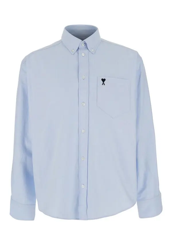 AMI Paris Light Blue Shirt With Button Down Collar And Adc Embroidery In Light Blue Cotton For - Multicolor