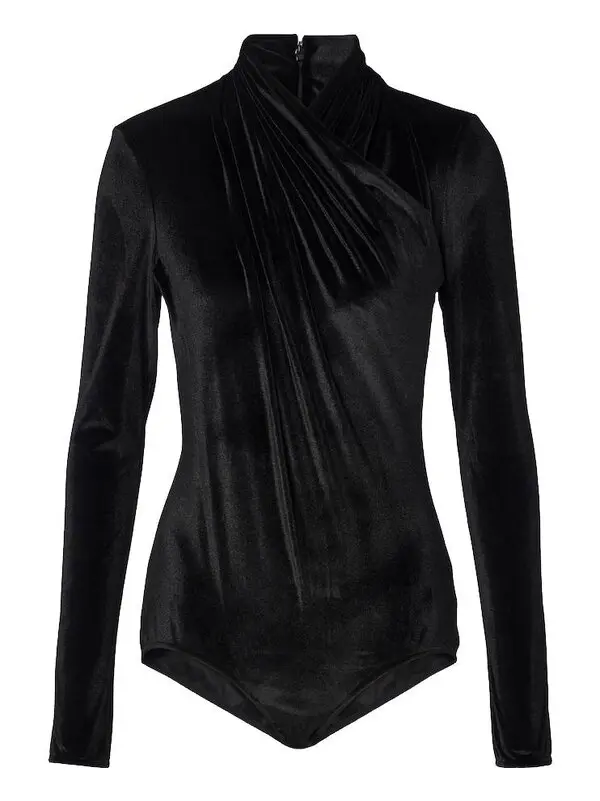 MUGLER Draped Velvet Bodysuit - Black