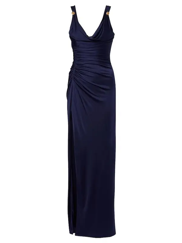 Versace Medusa Draped Ruched Jersey Gown - Blue