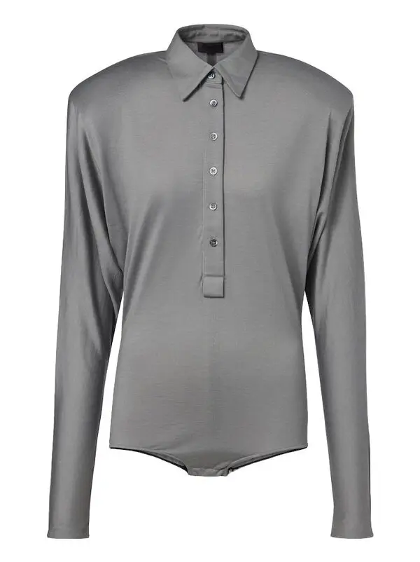 MUGLER Wool-blend Jersey Polo Bodysuit - Grey