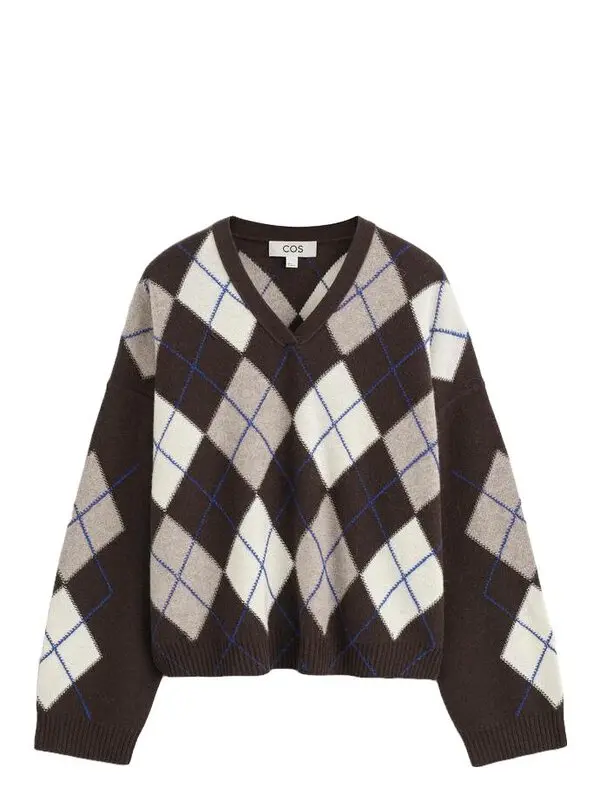 Cos Argyle Wool-alpaca V-neck Sweater - Brown