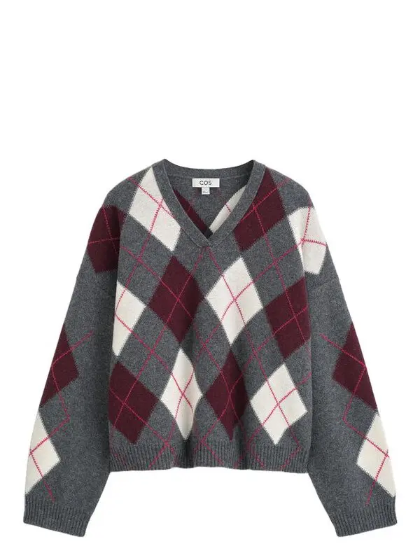 Cos Argyle Wool-alpaca V-neck Sweater - Gray