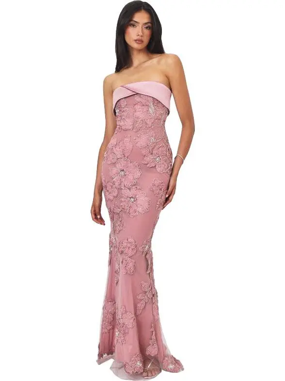 MISS CIRCLE NEW YORK Raphaela Flower Beaded Strapless Mermaid Dress - Pink