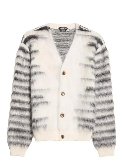 TOM FORD Brushed Stripe Mohair Blend Cardigan - White/black