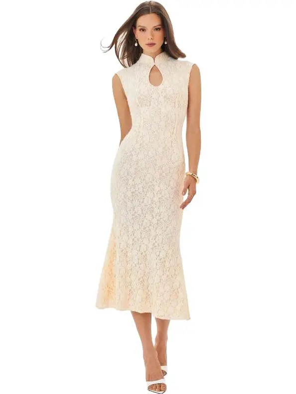 MISS CIRCLE NEW YORK Garcelle Brushed Lace Keyhole Mermaid Midi Dress - Cream