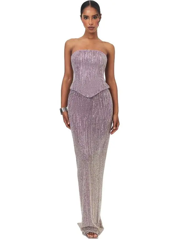MISS CIRCLE NEW YORK Tosca Crystal Beaded Corset Strapless Peplum Dress - Purple