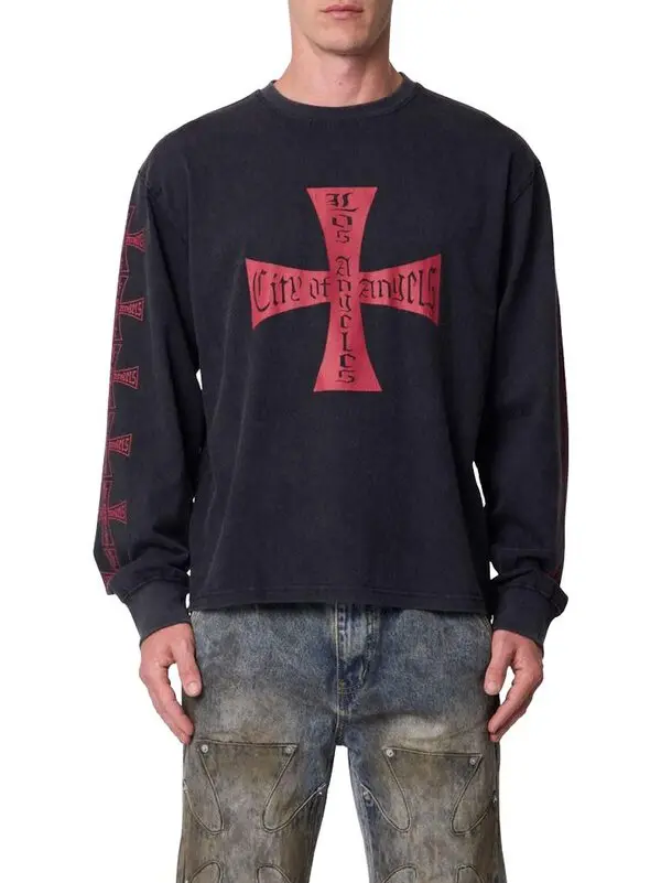 Mnml Washed La Long Sleeve Cotton Graphic T-shirt - Black