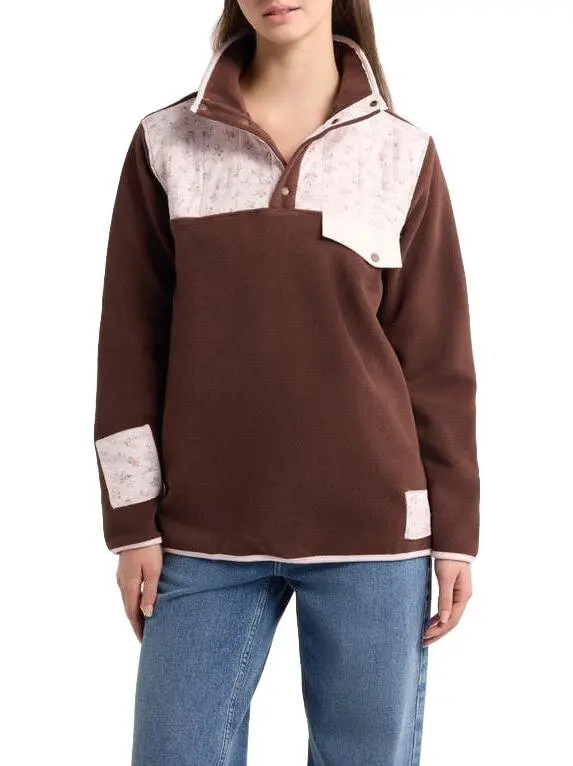 HAPPY CAMP3R Quilted Floral Fleece Henley Pullover - Espresso
