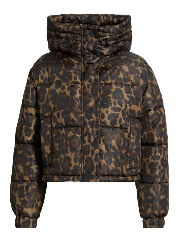 SAVE THE DUCK Rhiannon Water Resistant Funnel Neck Puffer Coat - Dark Brown Leopard