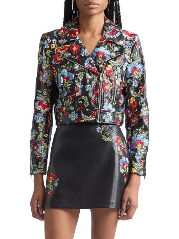 Cinq À Sept Floral Embroidered Faux Leather Moto Jacket - Black Multi