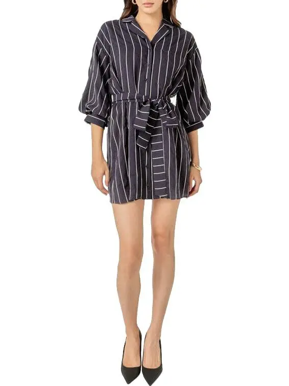 English Factory Striped Tie Waist Mini Shirtdress - Navy/white