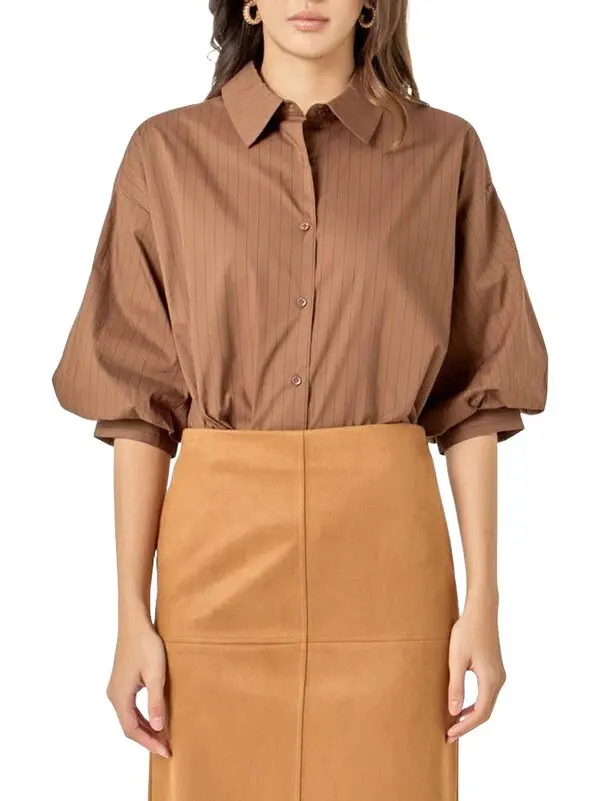 English Factory Pinstripe Balloon Sleeve Cotton Shirt - Brown