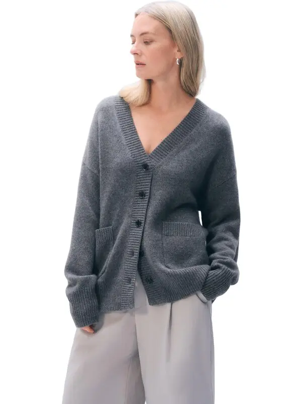 WHITE & WARREN Cashmere Luxe Pocket Cardigan Sweater In Size - Graphite Heather