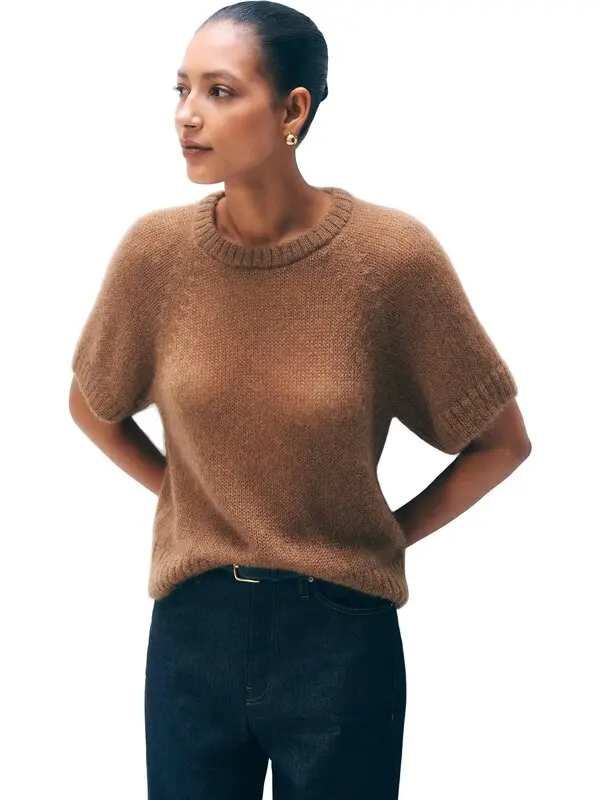 WHITE & WARREN Mohair Blend Tee Top In Size - Brown