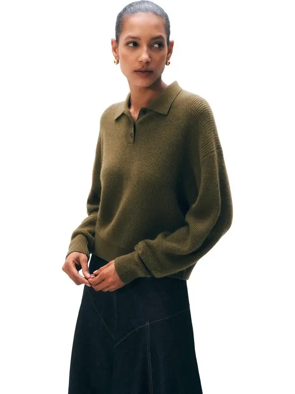 WHITE & WARREN Cashmere Waffle Polo Sweater In Size - Deep Olive